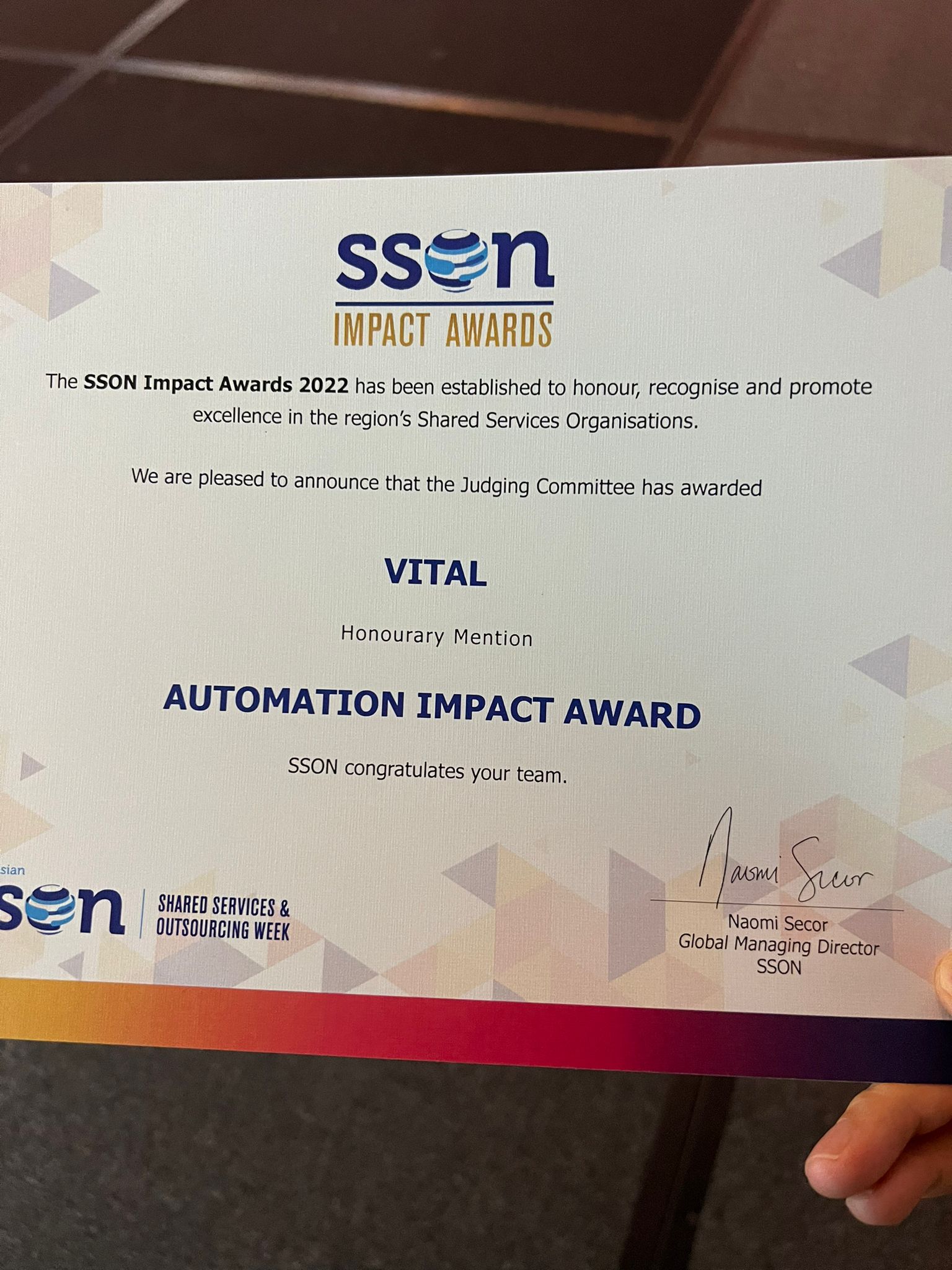 VITAL receives SSON Impact Awards 2022